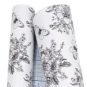 SimpleLife4U Easy Apply Shelf Liner Removable Furniture Paper Decorative Workspace Organizers Sofa Tables, Black-White Peony Butterfly, 17.7 Inch by 9.8 Feet