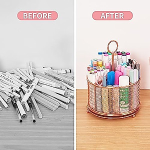 Spacrea Pen Holder for Desk - 360°Degree Rotating Pen Organizer, Desk Organizer with 4 Compartments, Pencil Holder for Desk, For School, Classroom, Office, Art Supplies(Rose Gold)