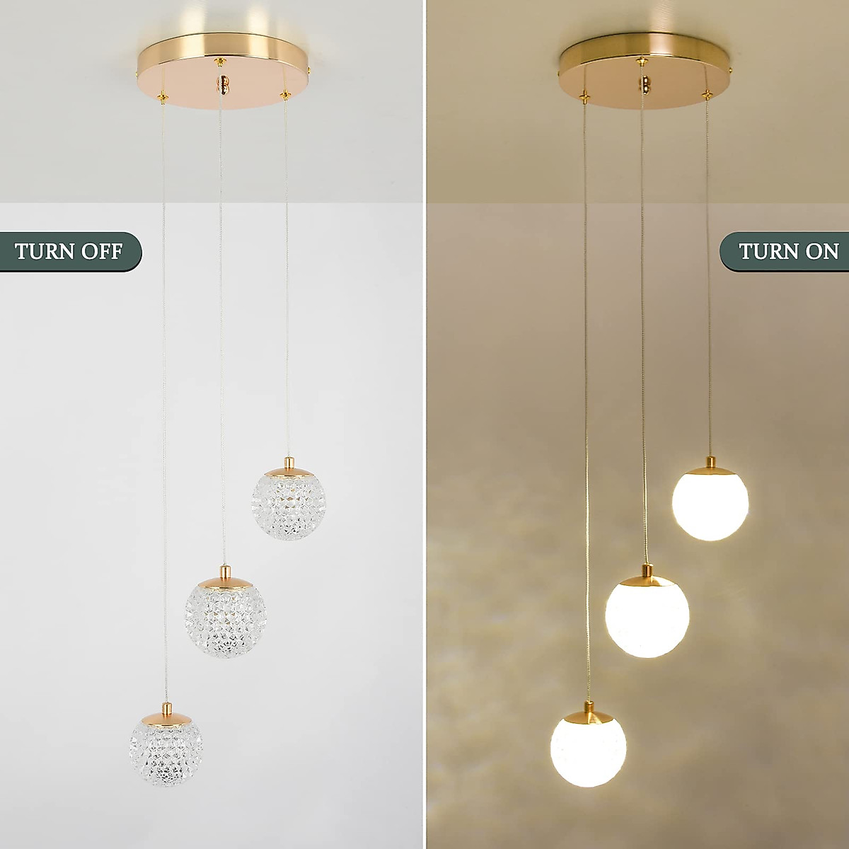 Gold Crystal Pendant Lights 5000k Daylight White,3-Light Mini Led Modern Brushed Brass Light Fixtures Ceiling Hanging, Glass Globes Pendant Lighting for Kitchen Island Bedroom Dining Room Foyer