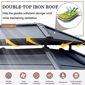 Metal Gazebo 10' x 12' W/Double Steel Roof, Permanent Anti-Rust Coating Iron Hardtop Outdoor Gazebo w/Curtains and Netting for Patio Backyard Garden Lawn Deck, w/Hook Design