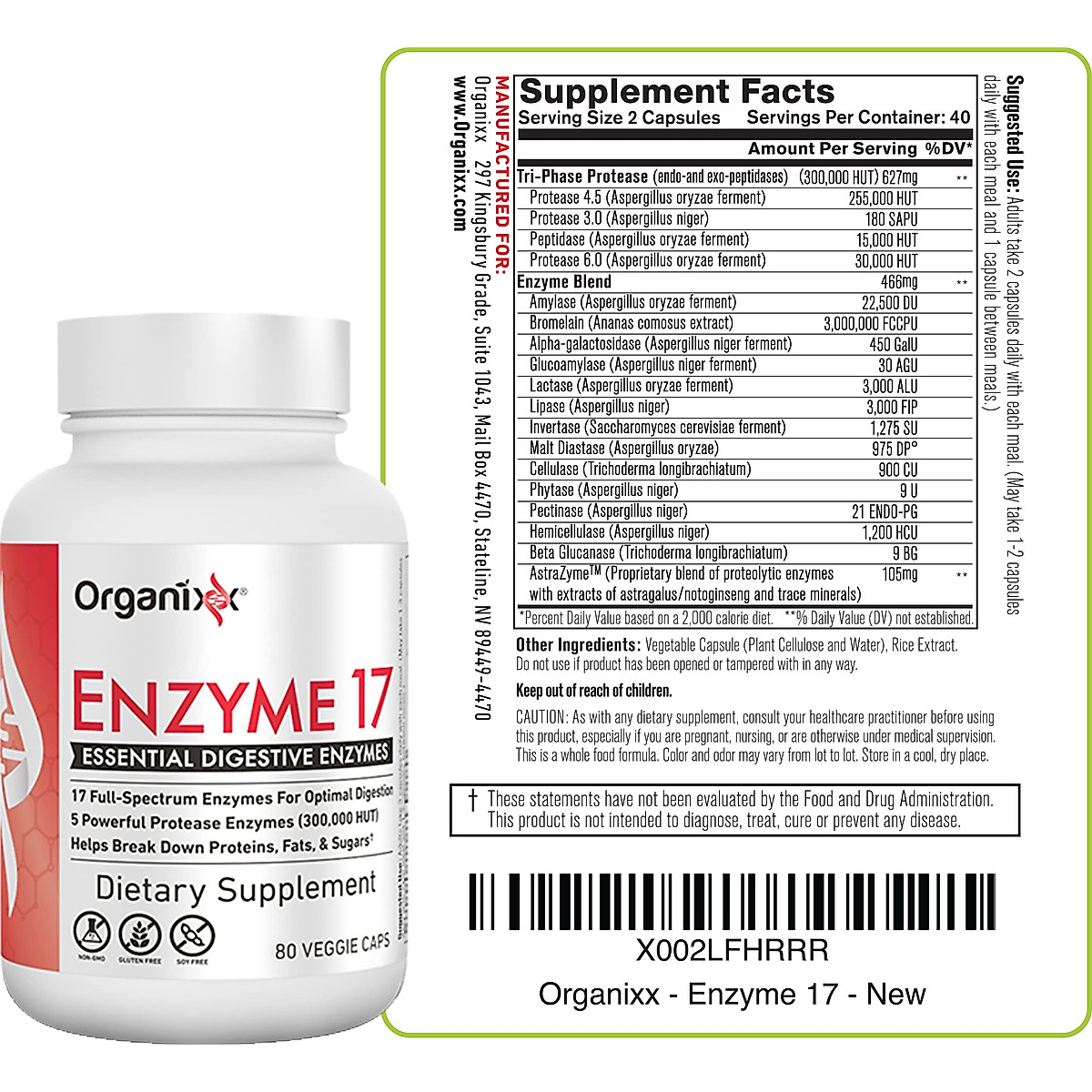 Organixx Enzyme 17 Essential Digestive Enzymes, for Optimal Digestion & Gut Health, Support for Bloating, Gas, Nutrient Absorption & Immunity, Non GMO, Vegan, 80 Veggie Capsules
