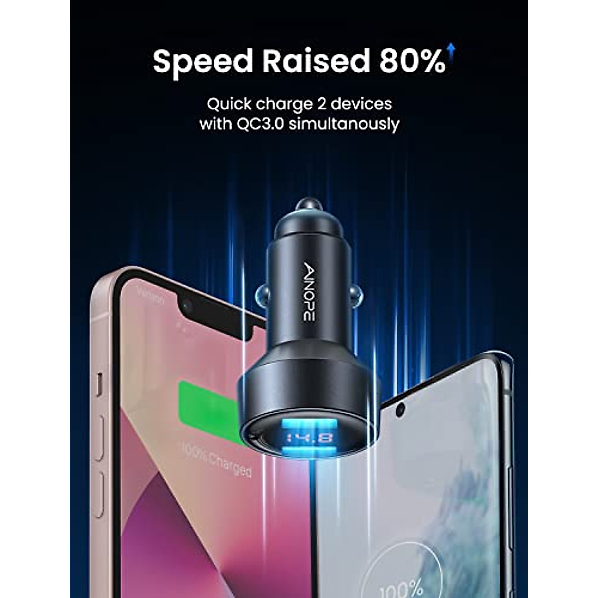 AINOPE Car Charger Adapter, Dual QC3.0 Port 6A/36W Fast USB Car Charger All Metal Cigarette Lighter USB Charger Voltage Display Compatible with 11/11 pro/XR/X/XS/8, Galaxy Note 8/S9/S10+/S8-Black