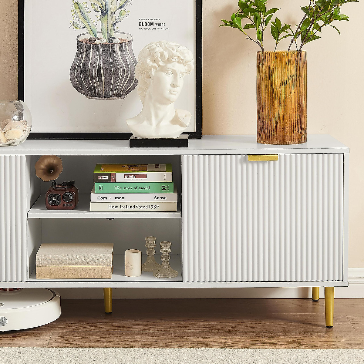 Okvnbjk TV Stand for 65+ Inch TV, Modern Living Room Entertainment Center with Storage Cabinets, Waveform Panel Wood Media Console with Ajustable Shelves & Cable Management for Bedroom, White