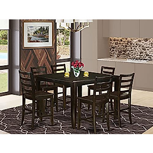 East West Furniture Fairwind 7 Piece Kitchen Counter Set Consist of a Square Table with Pedestal and 6 Dining Room Chairs, 54x54 Inch, Cappuccino