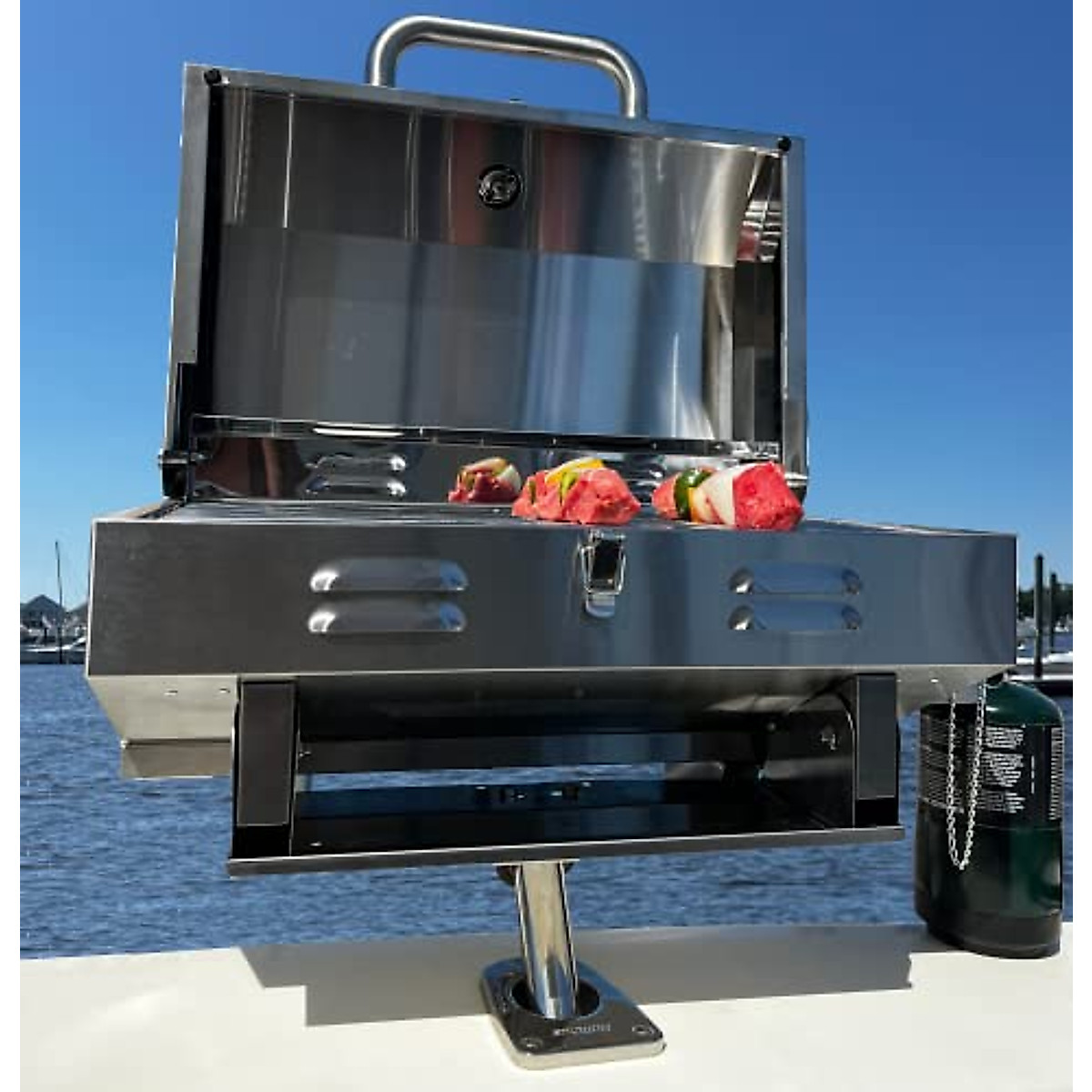 Boat Grill with Mount - Portable Propane Gas BBQ - Grills Secure into Rod Holder | Adjustable Legs for Table Top Use | Stainless Steel Marine Stove -Great Outdoor Barbecue