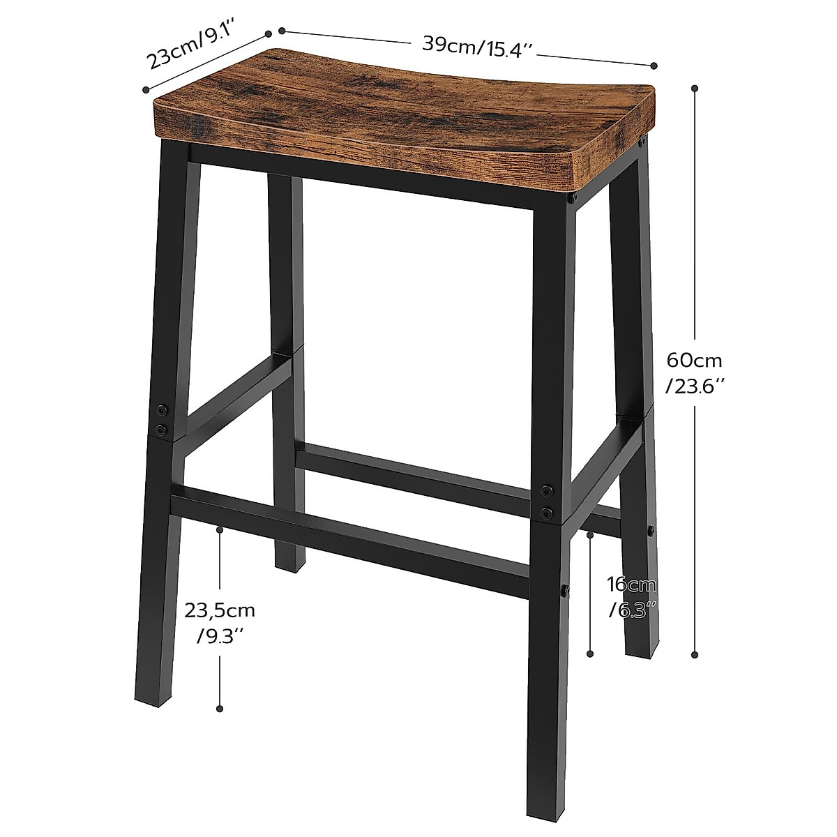 HOOBRO Bar Stools, Set of 2 Bar Chairs, 23.6 Inch Saddle Stools, Kitchen Counter Stools with Footrests, Industrial Stools for Dining Room, Kitchen, Counter, Bar, Rustic Brown and Black BF02MD01