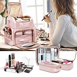 Prokva Large Makeup Cosmetic Bag with 3 Removable Case, Double Layer Travel Makeup Organizer Case with Inner Dividers and Makeup Brushes Storage Section, Pink (Patented Design)