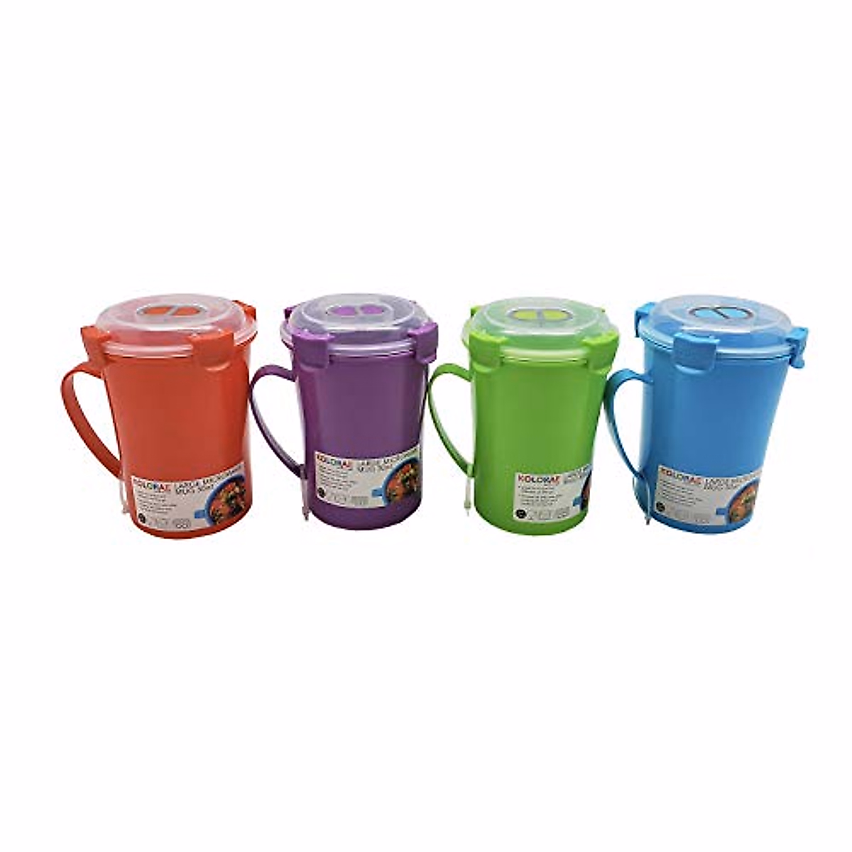(6 COUNT) KOLORAE LARGE 30 OZ SOUP MUG- COLORFUL, MICROWAVE SOUP MUGS WITH LEAK PROOF DESIGN AND SECURE SNAP VENTED LIDS-1 OF EACH COLOR PICTURED, PLUS AN ADDITIONAL BLUE AND GREEN MUG!