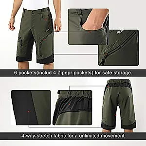 ARSUXEO Men's Loose Fit Cycling Shorts MTB Bike Shorts Water Ressistant 1903 Army Green Size Large