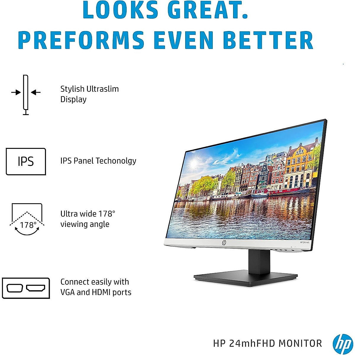 HP 24mh FHD Monitor 23.8-inch IPS Display 1080p Built-in Speakers and VESA Mounting Height/Tilt Adjustment 1D0J9AA#ABA (Renewed)