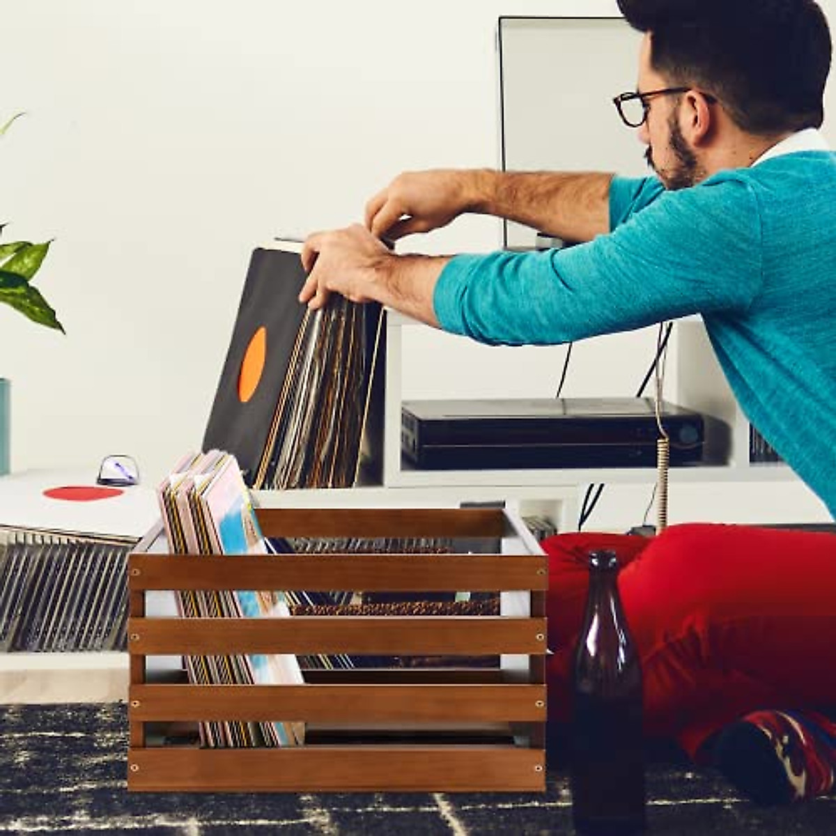 HYNAWIN Vinyl Record Storage Crate, Wooden Album Storage Holder Record Organizer Box, Brown