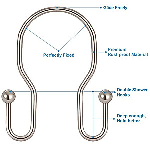 24 Pack Double Shower Curtain Hooks Rings, TENOVEL Double Sided Shower Curtain Hooks Rust Proof for Shower Curtain, Stainless Steel Bathroom Shower Hangers Rings for Shower Rods, Brushed Nickel
