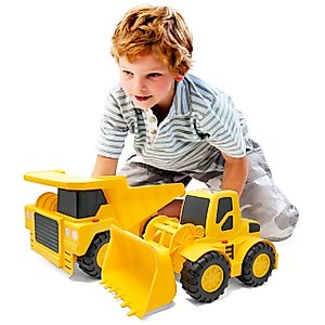 Boley Builders 2 Pack Construction Vehicles - Large Yellow Front Loader and Dump Truck with Lights and Sounds - Kids Construction Toys Set for Toddlers Boys and Girls