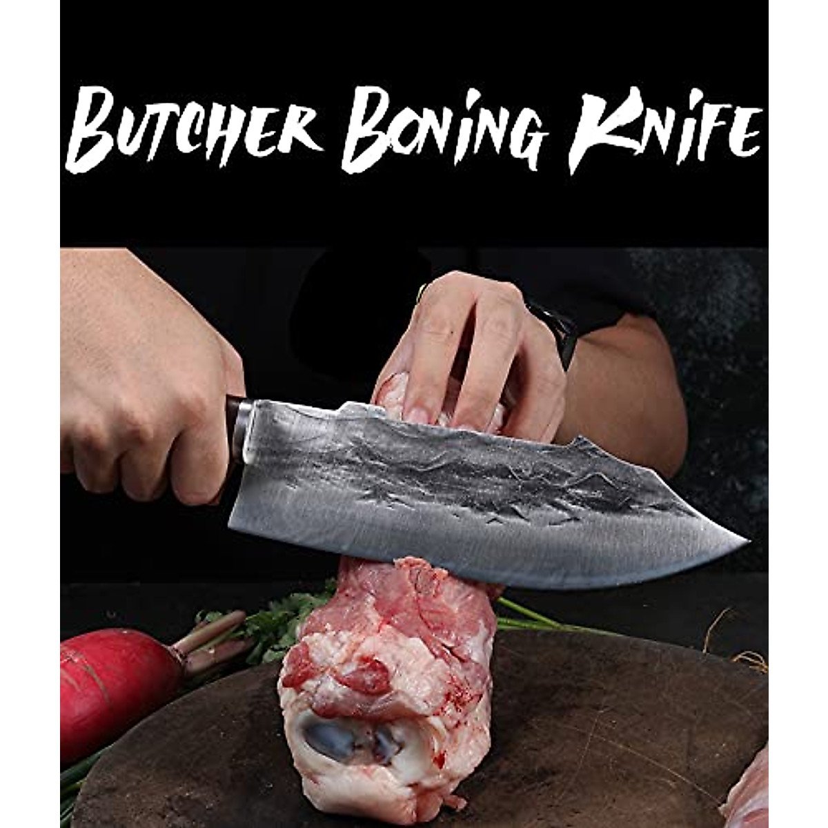 ZENG JIA DAO Heavy Duty Butcher Knife with Sheath High Carobon Steel Meat Cutting Cleaver for Slaughter - Outdoor Carry Hunting Knife