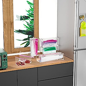 FEMELI Food Bag Storage Organizer, Acrylic Kitchen Drawer Baggie Box, Compatible with Gallon, Slider Quart, Freezer, Sandwich, Snack, Variety Size Bags, 4 separate Pack(Clear)