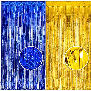 BRAVESHINE 3.2 ft x 8.2 ft Tinsel Foil Fringe Curtains Metallic Photo Booth Backdrops Party Supplies for Birthday Wedding Christmas Bridal Bachelorette Holiday Decorations - 2 Navy Blue + 2 Pure Gold