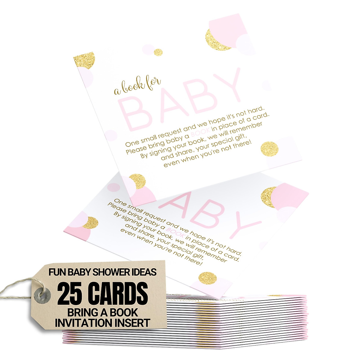 Pink and Gold Books for Baby Shower Cards, Invitation Inserts Girls Book Request, Bring Book Instead of Cards Poem, Cute Storybook-Theme Ideas, 25 Pack
