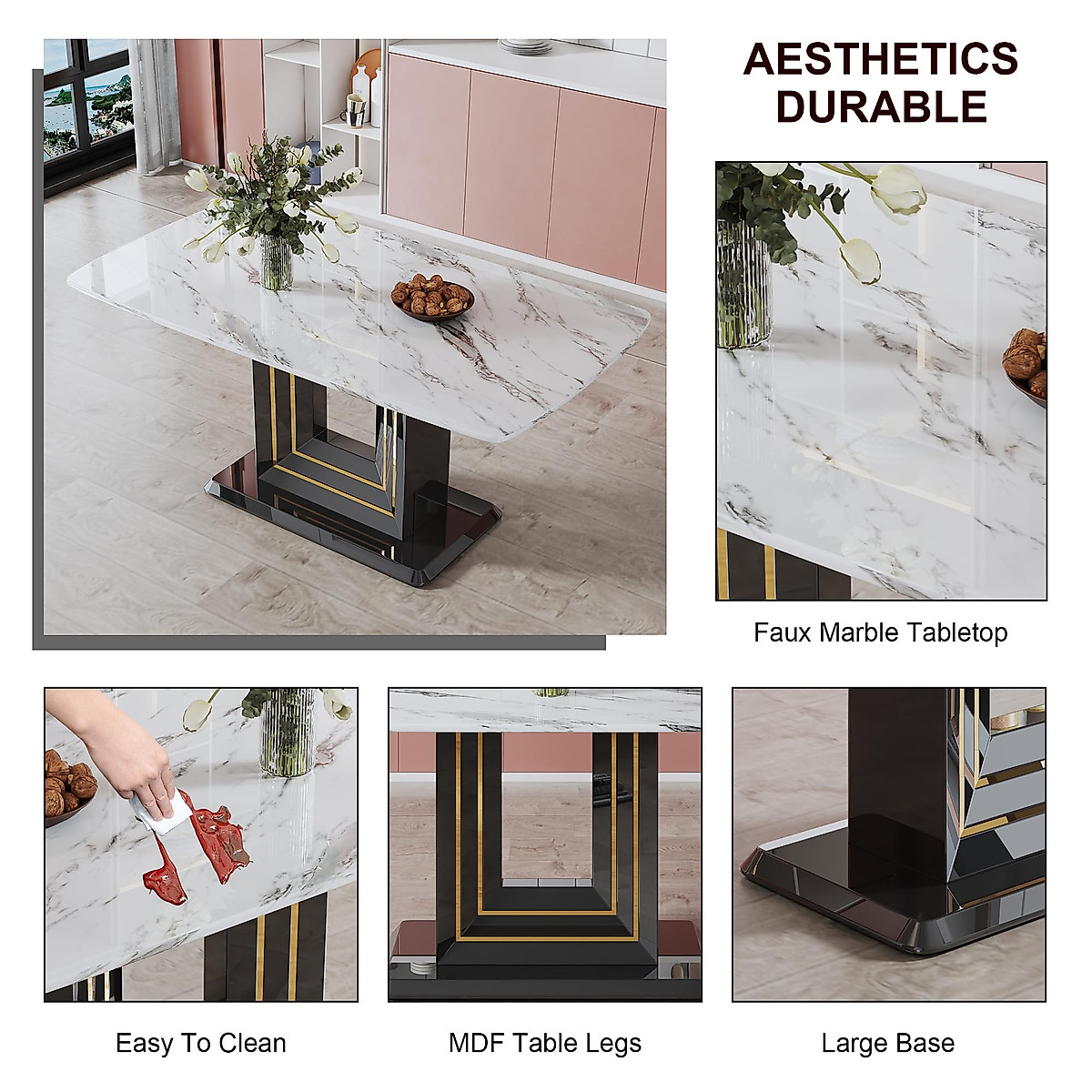 63" Modern MDF Dining Table for 6-8, Large Rectangular Dining Room Table with U-Shaped Bracket and MDF Base, Minimalist Kitchen Table for Restaurant, Meeting Room, Marble-Inspired MDF Desktop(White)