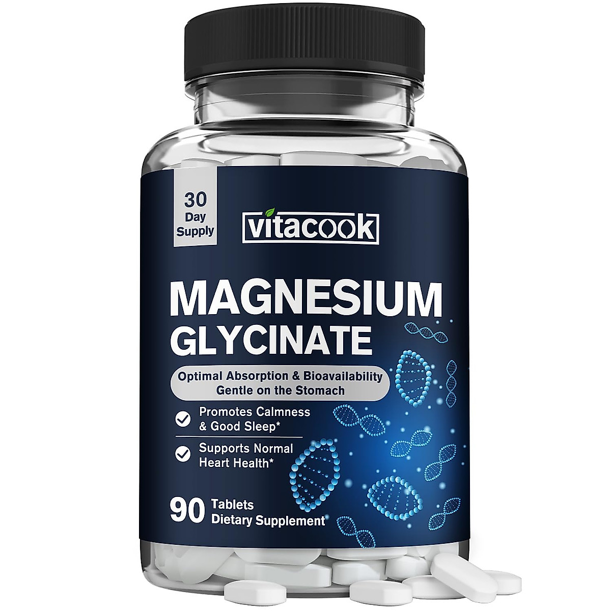 Vitacook Magnesium Glycinate 300 mg, Natural Calmness, Healthy Mood & Heart Support, Non Buffered, Non-GMO, High Potency and Ultra-Absorbable, 90 Tablets