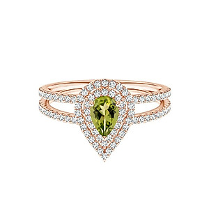 MOONEYE Dual Split Shank 6X4 MM Pear Cut Peridot 925 Sterling Silver Solitaire Accents Ring