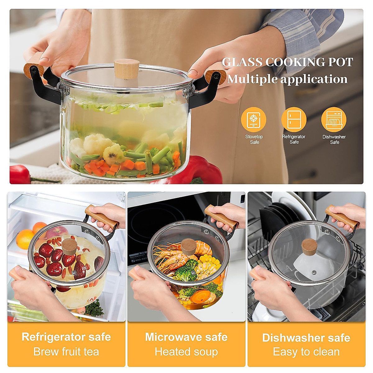 3.5 Qt Clear Glass Pot for Cooking on Stove, Big Glass Cooking Pot with Wooden Handle, Large Glass Simmer Pot for Stove Potpourri, Glass Frying Pot with Clear Lid for Boiling Pot by Nidhdsda