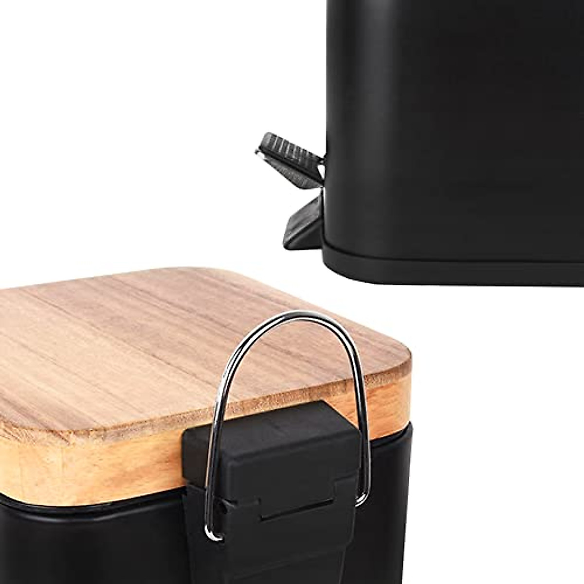 Mini Bathroom Trash Can with Bamboo Lid Soft Close, 0.8 Gal / 3 L Square Step Garbage Container Bin with Removable Inner Wastebasket for Bedroom, Kitchen, Office (Black)
