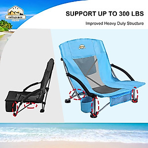 Colegence Low Back Camping Chair 2 Pack Support 300 LBS Carry Bag Included,Low Profile Folding Outdoor Chair,Camp Beach Chairs Set,with Phone Bag,Cooler Pocket,Cup Holder for Kids(2 Pcs Blue)