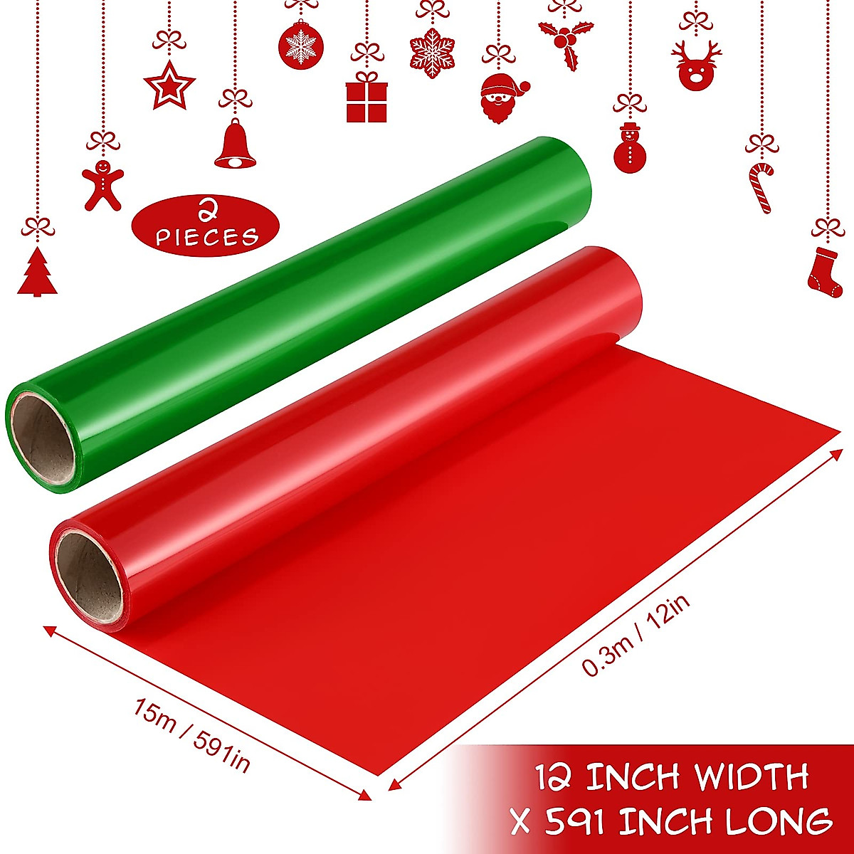 Outus 2 Rolls Christmas Cellophane Wrap Roll Clear Cellophane Wrap 12 x 591 Inch Wide Cellophane Wrap Red Green Clear Wrapping Paper for Xmas DIY Craft Present Wrap