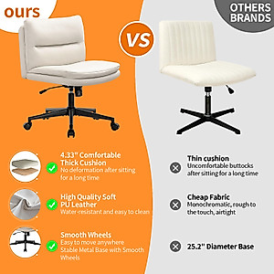 YASHFU Armless Leather Wide Office Desk Chair with Wheels: Cute Criss Cross Chair with Wheels, Leather Comfy Adjustable Swivel Computer Task Chairs for Home, Office,Make Up,Bed Room (Beige)
