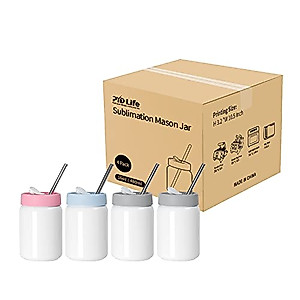 PYD Life Sublimation Mason Jar Tumbler Blanks White 16 OZ with Silicon Lid and Metal Straw Stainless Steel Cups Mugs for Cricut Mug Press and Tumbler Press Print 4 Pack