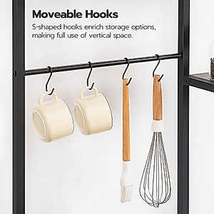 HOOBRO Large Bakers Rack with Power Outlets, 6-Tier Microwave Stand with 4 Hooks, Coffee Bar, Kitchen Shelf with Wire Basket, for Kitchen, Living Room, Office, Rustic Brown and Black BF64UHB01