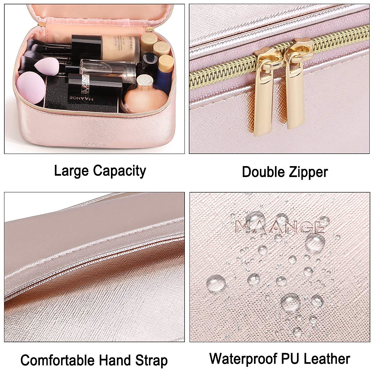 MAANGE 3 Pcs Makeup Bag Portable Travel Cosmetic Bag Large Makeup Bag Organizer with Gold Zipper Waterproof Toiletry Bags for Women and Girls(Rose Gold)
