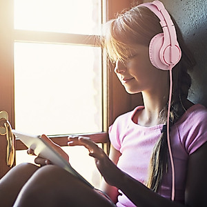 BlueFire Kids Headphones for Online School, Children, Teens, Boys, Girls, 3.5mm Stereo Over-Ear Gaming Headphone with Microphone and Volume Control for PS4, PS5, New Xbox One（Pink）