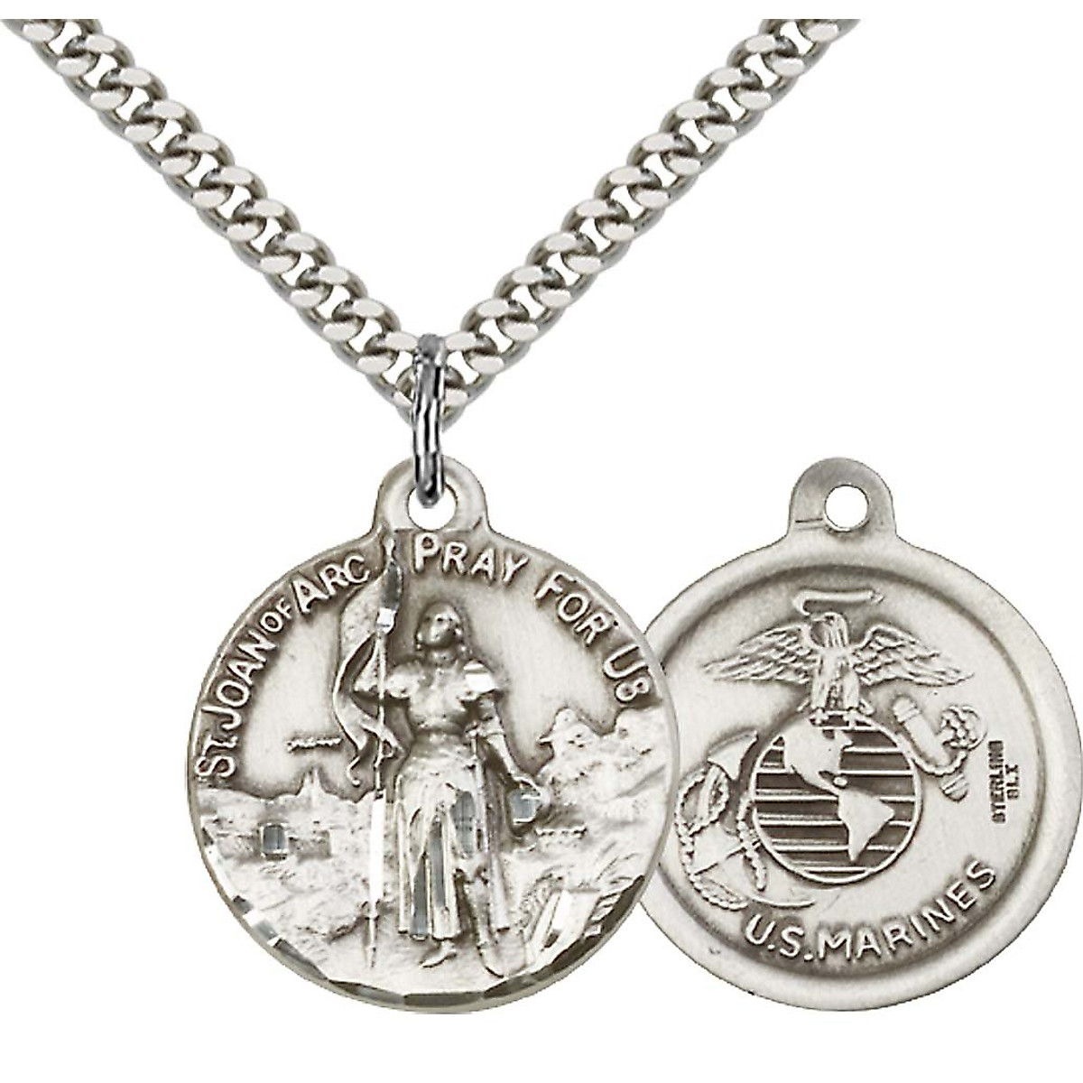 F A Dumont Sterling Silver St. Joan of Arc Pendant with 24" Stainless Steel Heavy Curb Chain. Patron Saint of Soldiers/France