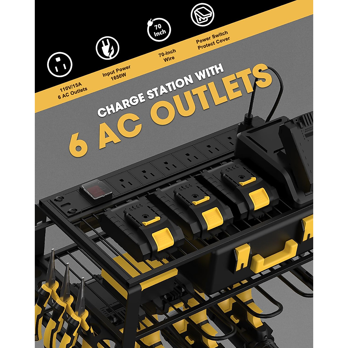 Wall Mount Power Tool Organizer and Charging Station - 6 AC Outlets, 3 Layers for Drills, Great as Heavy Duty Garage Tool Rack