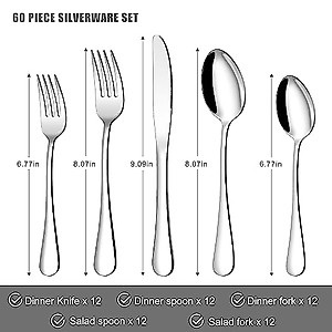 60 Piece Silverware Set for 12, Stainless Steel Flatware Set Tableware Set Inculde Forks Knives Spoons, Mirror Polished Cutlery Set for Home Kitchen and Restaurant Party, Dishwasher Safe