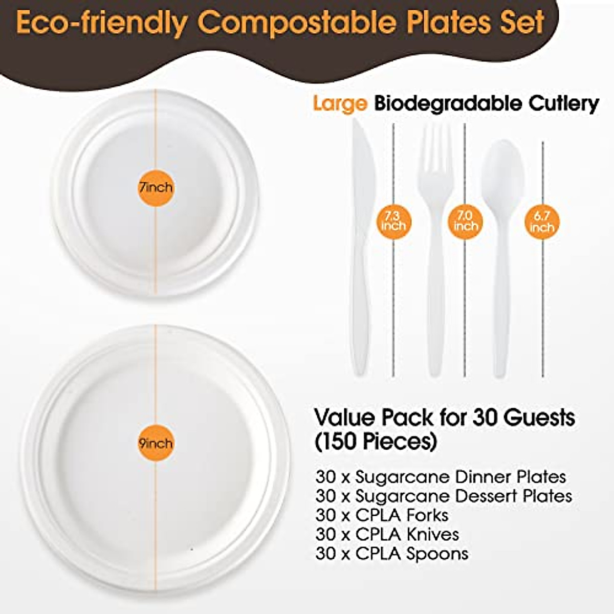 FOCUSLINE 150 Count Compostable Paper Plates and Utensils 30 Guest, Heavy-Duty Disposable Bagasse Plates Eco-Friendly Biodegradable Cutlery, Natural Eco-friendly Compostable Dinnerware