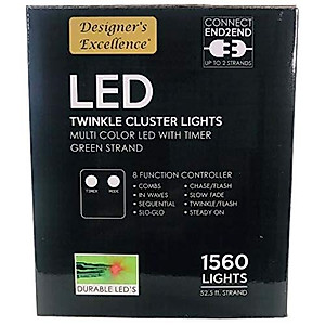 LED Twinkle Cluster Lights 52.5Ft Multi w/Green Strand Connect End to End Indoor Outdoor