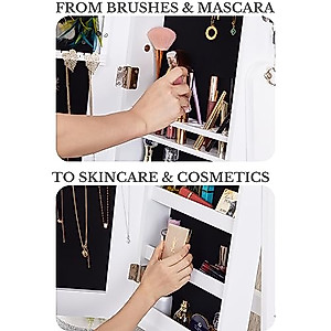 YOKUKINA LED Mirror Jewelry Cabinet Standing Armoire, Full Length Mirror with Jewelry Storage, Lockable Organizer, Wall Mount/Over the Door, White