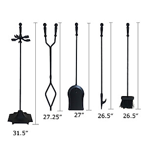 Tosnail 5 Pieces Wrought Iron Fireplace Tools Set - Brush, Shovel, Tong, Poker and Stand Base