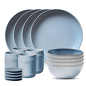 Corelle Stoneware 16-Pc Dinnerware Set, Handcrafted Artisanal Double Bead Plates, Meal Bowls, Bowls and Tumblers, Solid and Reactive Glazes, Dining Plate Set, Nordic Blue