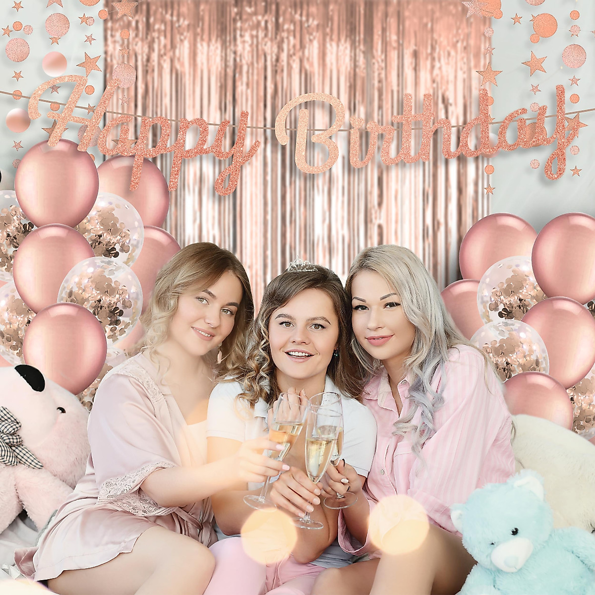 Rose Gold Birthday Party Decoration - Happy Birthday Banner, Glitter Circle Dot Garland Streamer, Rose Gold Fringe Curtain, Foil Tablecloth, Rose Gold Balloons, for Women Girl Birthday Party