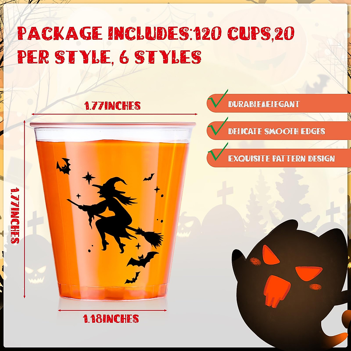 Roshtia 120 Pieces Halloween Plastic Shot Glasses Disposable Cups 2oz Pumpkin Ghost Witch Bat Printed Plastic Cups for Halloween Party Supplies Beverage Ice Cream Snacks Candy Favors, 6 Styles