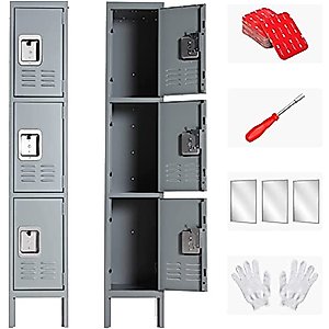 INTERGREAT Metal Locker for School Office Gym Metal Storage Locker Cabinet for Employees Students Steel Locker Triple Tier with 3 Door Grey