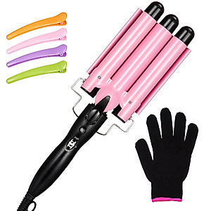 WILLBOND 3 Barrel Curling Iron Wand Hair Waver with Two Temperature Control, 25mm(1 Inch), LCD Lights Indicate, Ceramic Professional Hair Curling Wand with 4 Pcs Hair Clips and Heat Resistant Glove