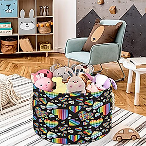 Rainbow Hearts Lgbt Pridge Large Round Baskets for Storage Laundry Baskets with Handles Blanket Storage Basket for Bathroom Shelves Bins for Organizing Nursery Hamper Girl Boy