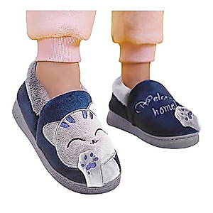 Lykmera Kids Children's Boys Girls Winter Slippers Cartoon Cat Non-Slip Shoes Indoor Home Warm Cotton Slipper Shoes (Dark Blue, 5-5.5 Years Little Kids)