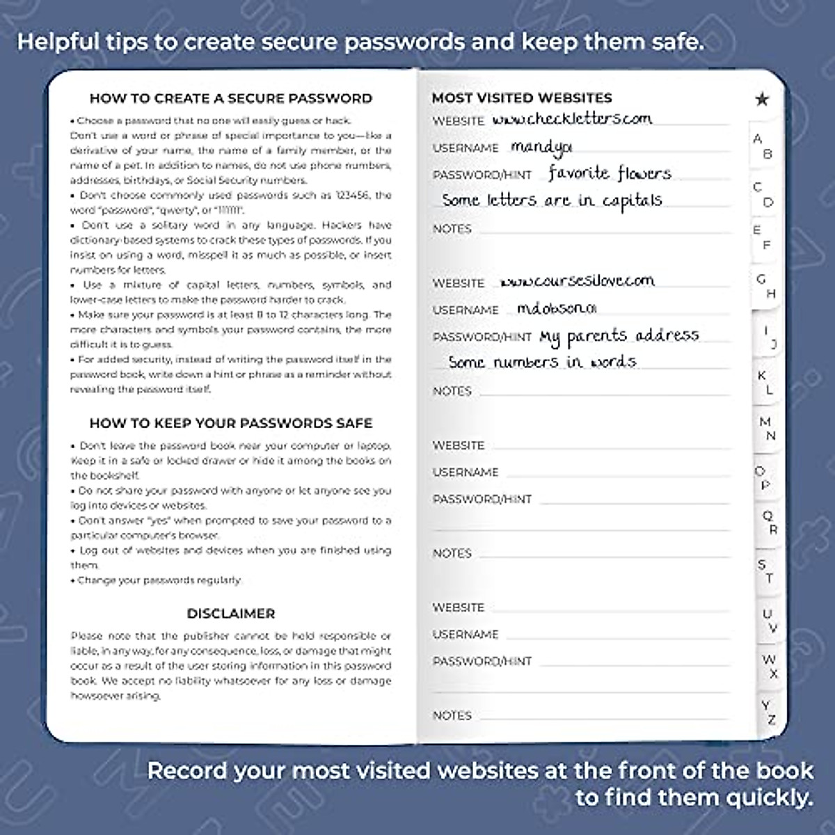 Clever Fox Password Book 2nd Edition – Hardcover Password Keeper with Alphabetical Tabs – Internet Address Notebook & Login Details Organizer Journal – 4.1x7.6” (Smoke Blue)