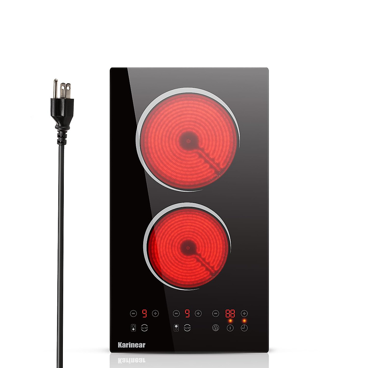 Karinear 110V Electric Cooktop 2 Burner - 12 Inch Plug in Electric Stove 110v, Countertop & Built-in Ceramic Cooktop, 2000W, Timer, Safety Lock, Residual Heat Indicator, Overheat Protection