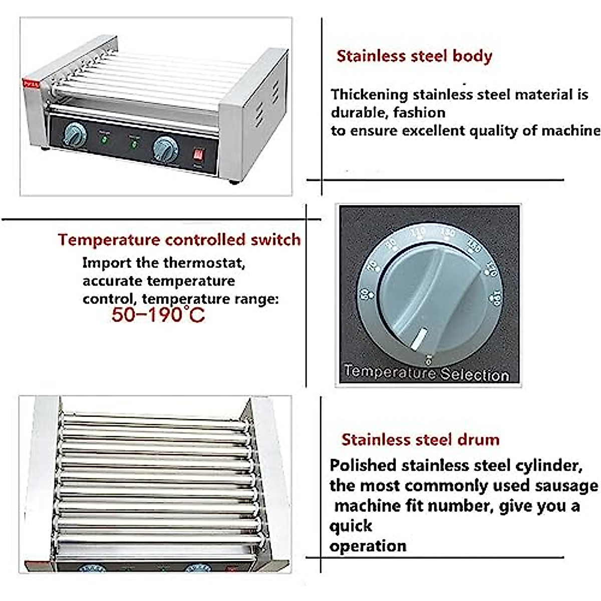 Hotdog Roller Grill Stainless Steel Hot Dog Roller Machine, 9 Roller Grill Hot Dog Warmer Cooker Machine, 50-190° Temperature Control, For Food Street, Snack Bar, Restaurant